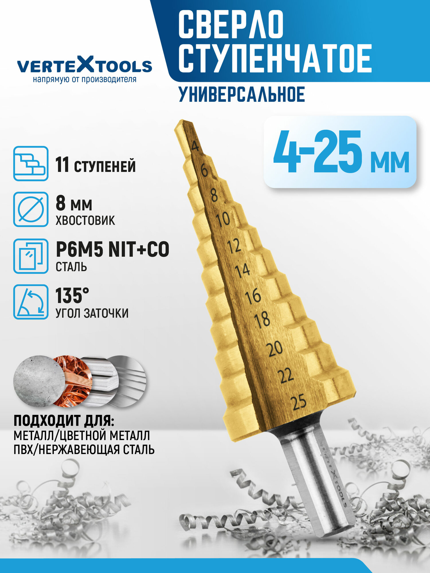 Сверло ступенчатое по металлу Vertextools 4x25, шаг 2мм, нитрид-титановое покрытие