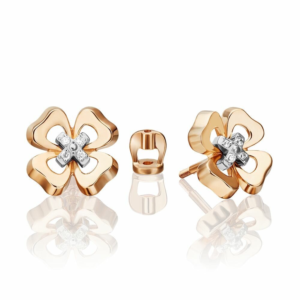 Серьги пусеты, комбинированное золото, 585 проба, родирование, бриллиант