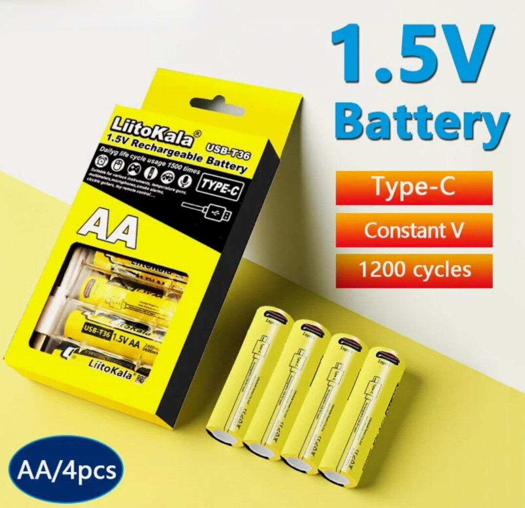 Аккумулятор AA LiitoKala USB-T36 1.5V - 2400mAh/3600mWh, с разъемом Type-C (4шт в упаковке)