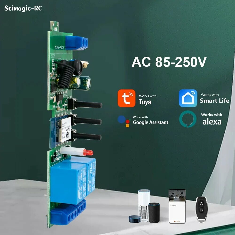 Tuya Двухканальный умный WiFi реле AC 85-250B Выключатель модуль с Мобильное приложение/RF/Таймер/Голосовое управление Alexa и Google Assistant