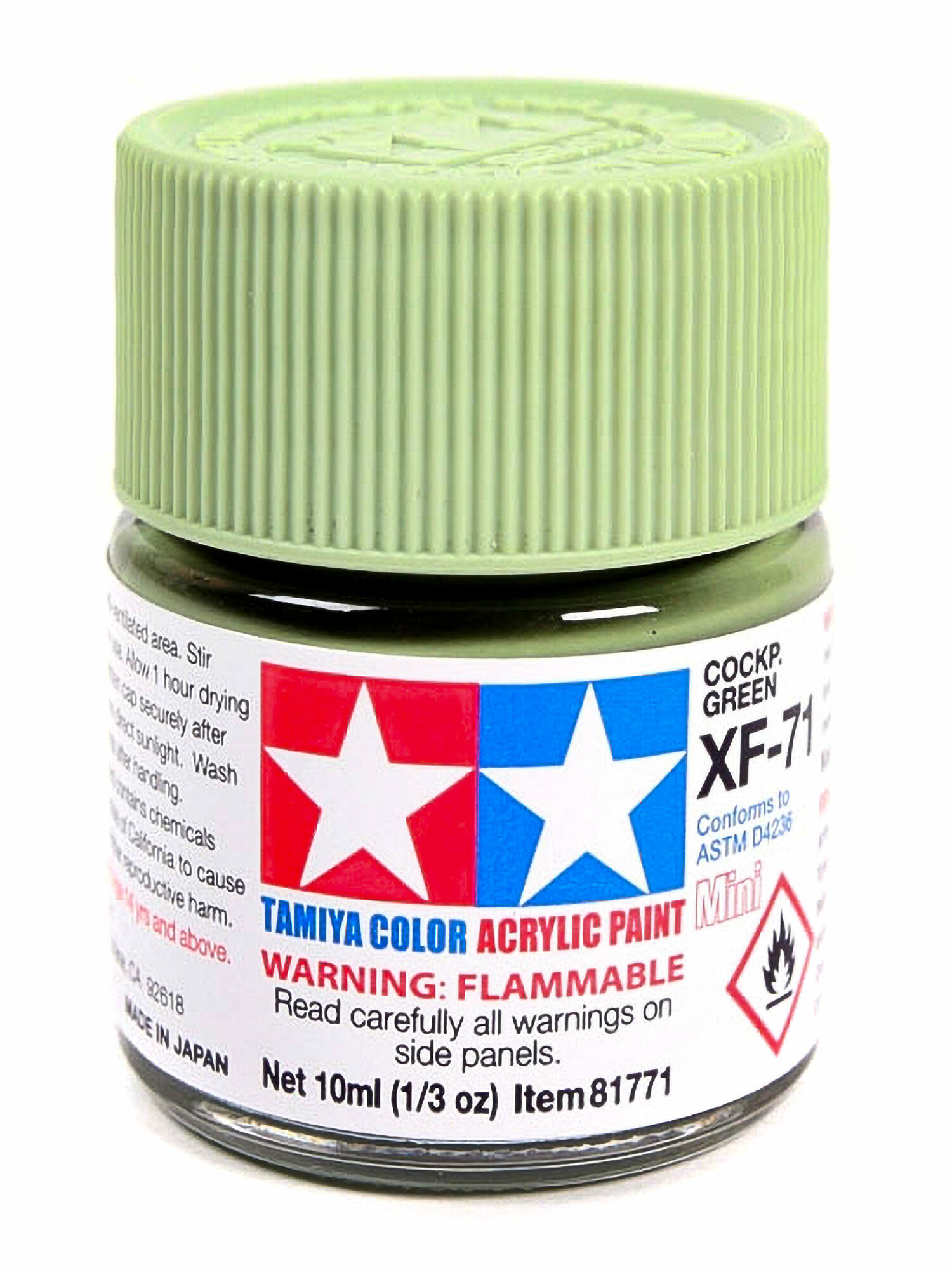 Краска акриловая Tamiya Color XF-71 Cockpit Green 81771 интерьерная зеленая матовая, 10 мл