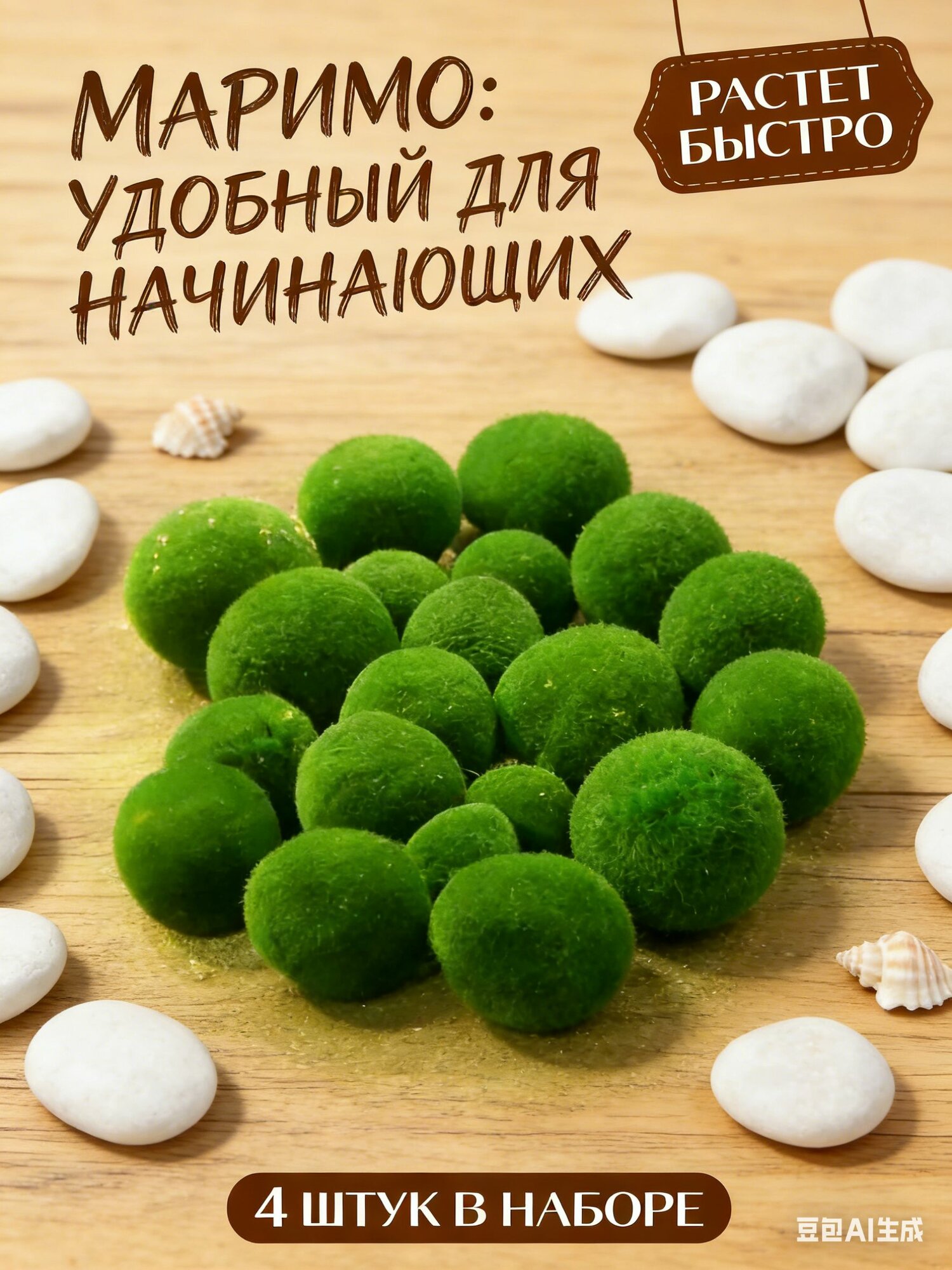 Натуральные шарики мха Маримо 4 шт, 3-4 см, безопасны для рыб, создают умиротворяющую атмосферу в аквариуме