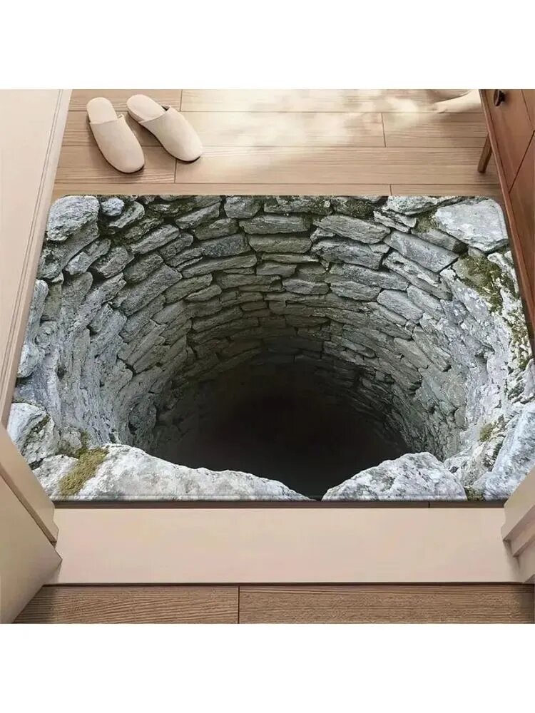 Коврик для прихожей с 3D рисунком колодца 80х60 см, серый, полиэстер