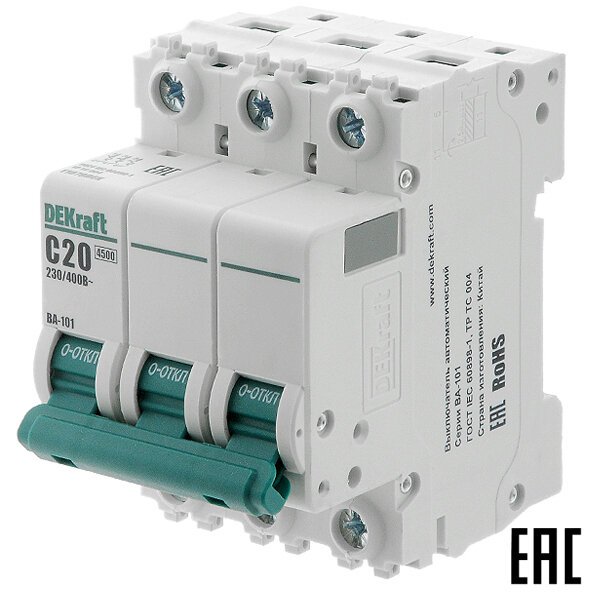 Автоматический выключатель на Din-рейку DEKraft ВА101-3P-020А-C 11079DEK C20А/3п/ 4,5 кА