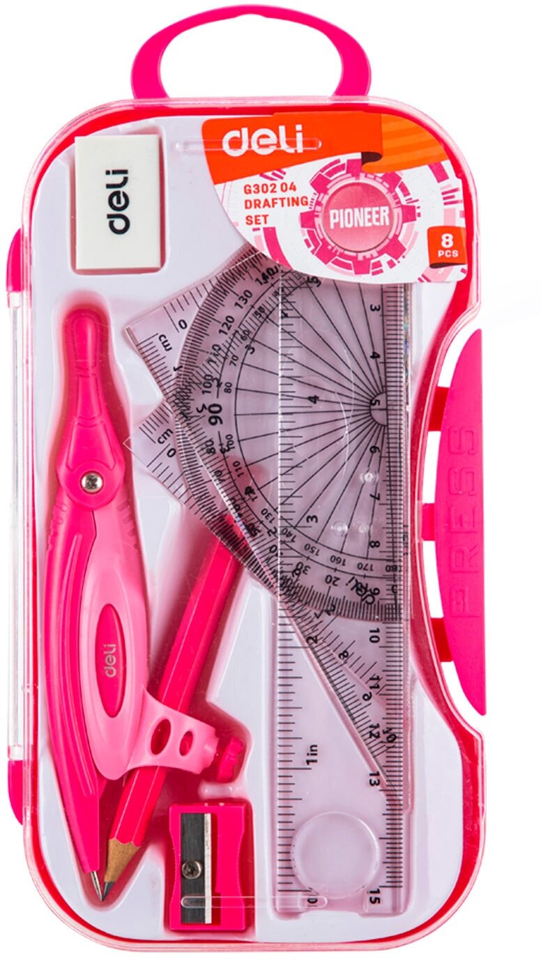 Циркуль Deli EG30204 корпус ассорти пластик в компл: линейка/транспортир/2 угольника/карандаш/ластик