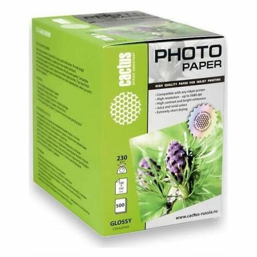 Фотобумага Cactus CS-GA6230500, A6, для струйной печати, 500л, 230г/м2, белый, покрытие глянцевое