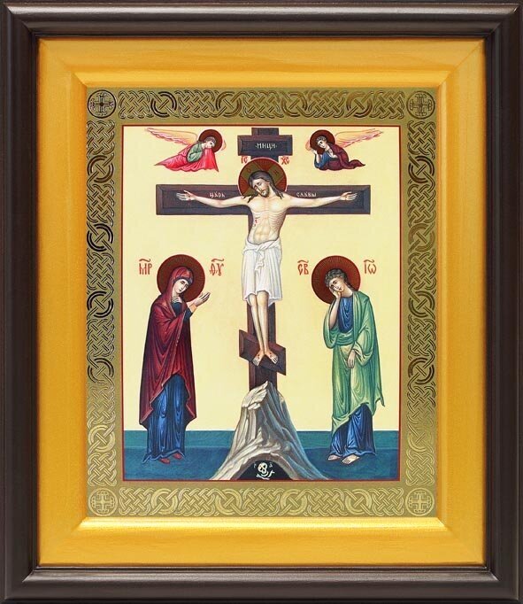 Распятие с предстоящими, икона в широком киоте 21,5*25 см
