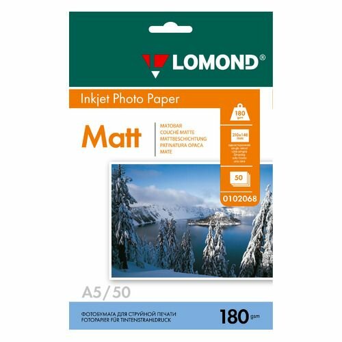 Фотобумага Lomond A5, для струйной печати, 50л, 180г/м2, белый, покрытие матовое [0102068]