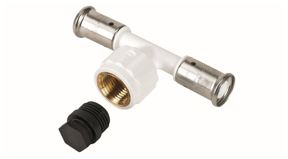 Тройник ВР c черной заглушкой BP04 1/2", ПВДФ пресс (белый), 20x1/2"x20, HENCO