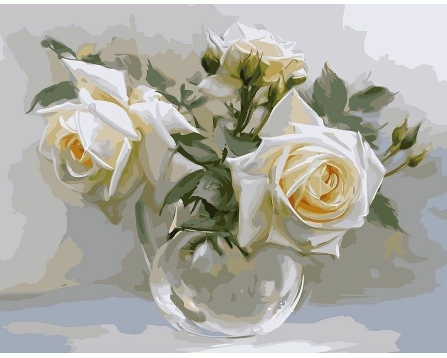 Картина по номерам белые розы в вазе 40х50