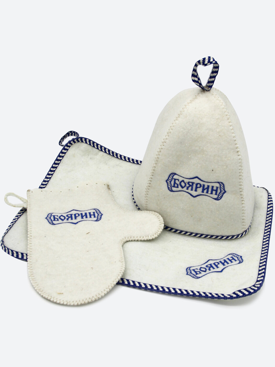 Набор для бани и сауны с вышивкой боярин из трех предметов: шапка, коврик, варежка; российский войлок