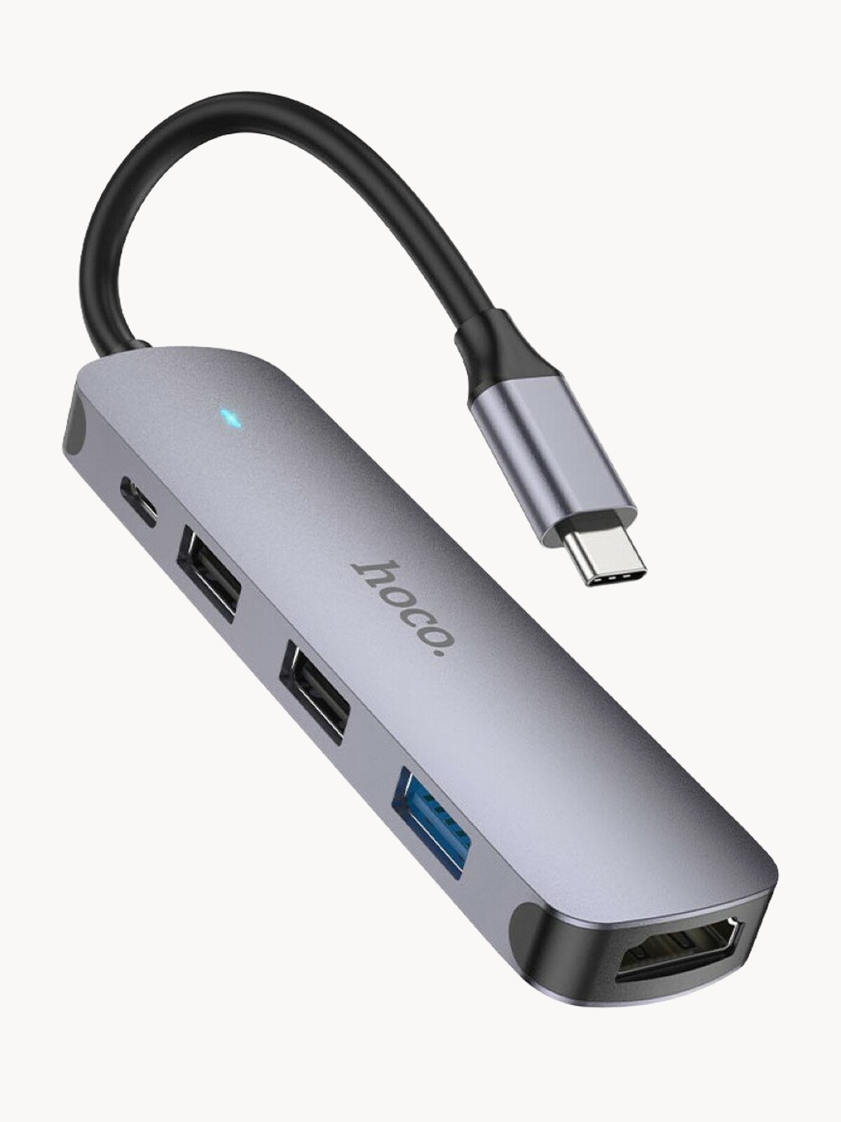 Адаптер (Multifunction) OTG Type-C (m) - HDMI (f), USB-A 3.0, 2 x USB-A 2.0, Type-C HOCO HB27 (Серый)