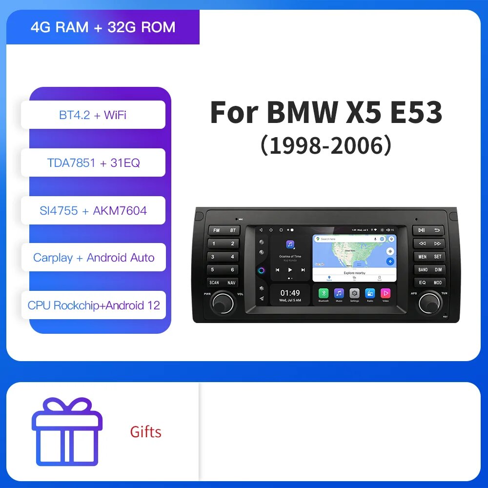 Kapud Android 11 Автомобильный мультимедийный плеер 7 дюймов Навигация для BMW E53 X5 1995-2003 Радио CarPlay AUTO SWC Стерео BT GPS Wi-Fi DSP K11 4G 32G