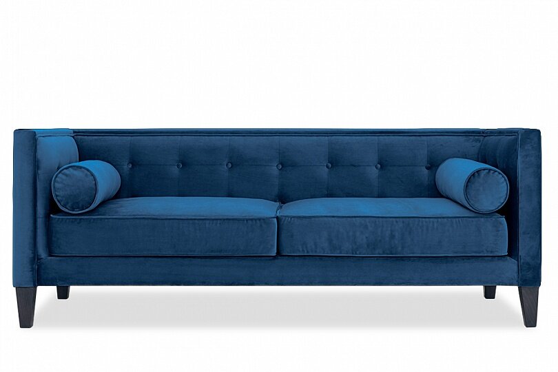 Прямой диван софа Довиль нераскладной Синий Велюр, 202х82х76 см