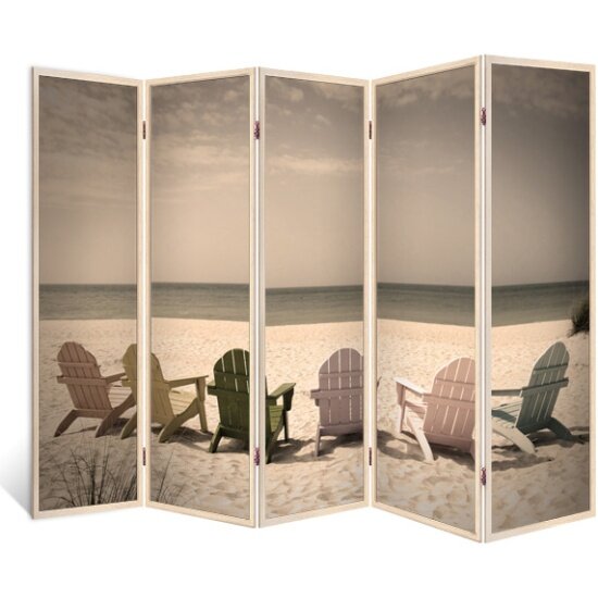 Ширма перегородка Декор Депо для комнаты деревянная "Ницца" двухсторонняя с картинкой (море) 5 створок кремовый дуб 176х230 см 18 кг