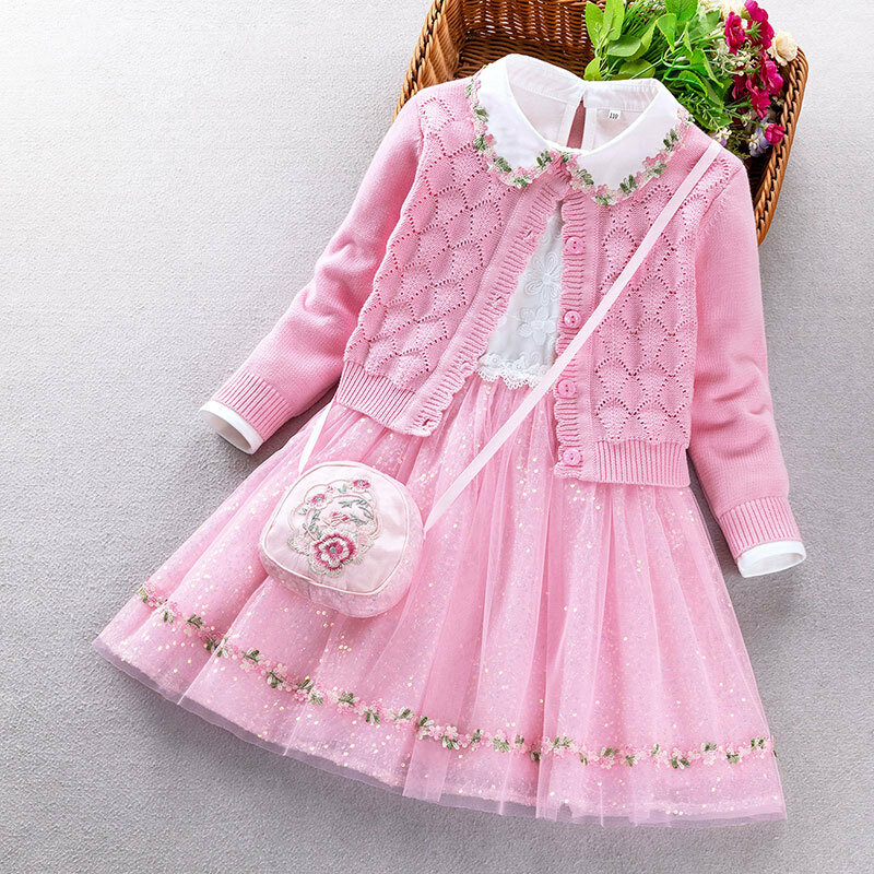 Детский костюм-свитер, розовый, вязаный, для девочек