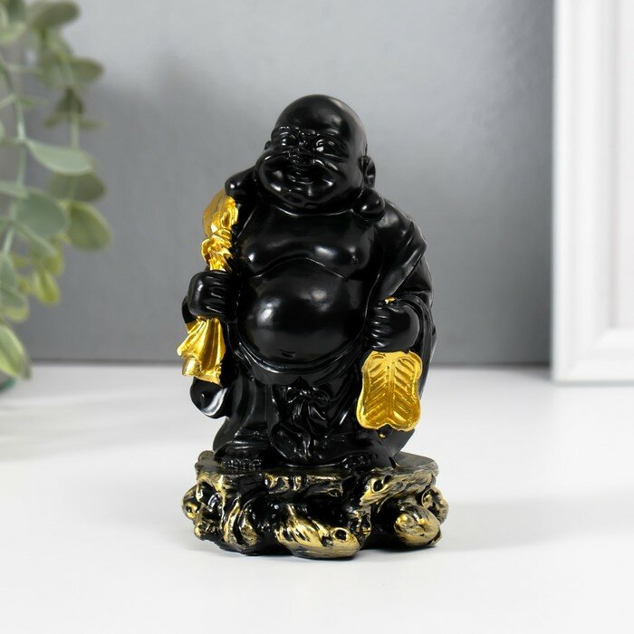 Нэцкэ фигурка полистоун «Хотей с золотым мешком и веером», чёрный 6.5×6.7×11.5 см