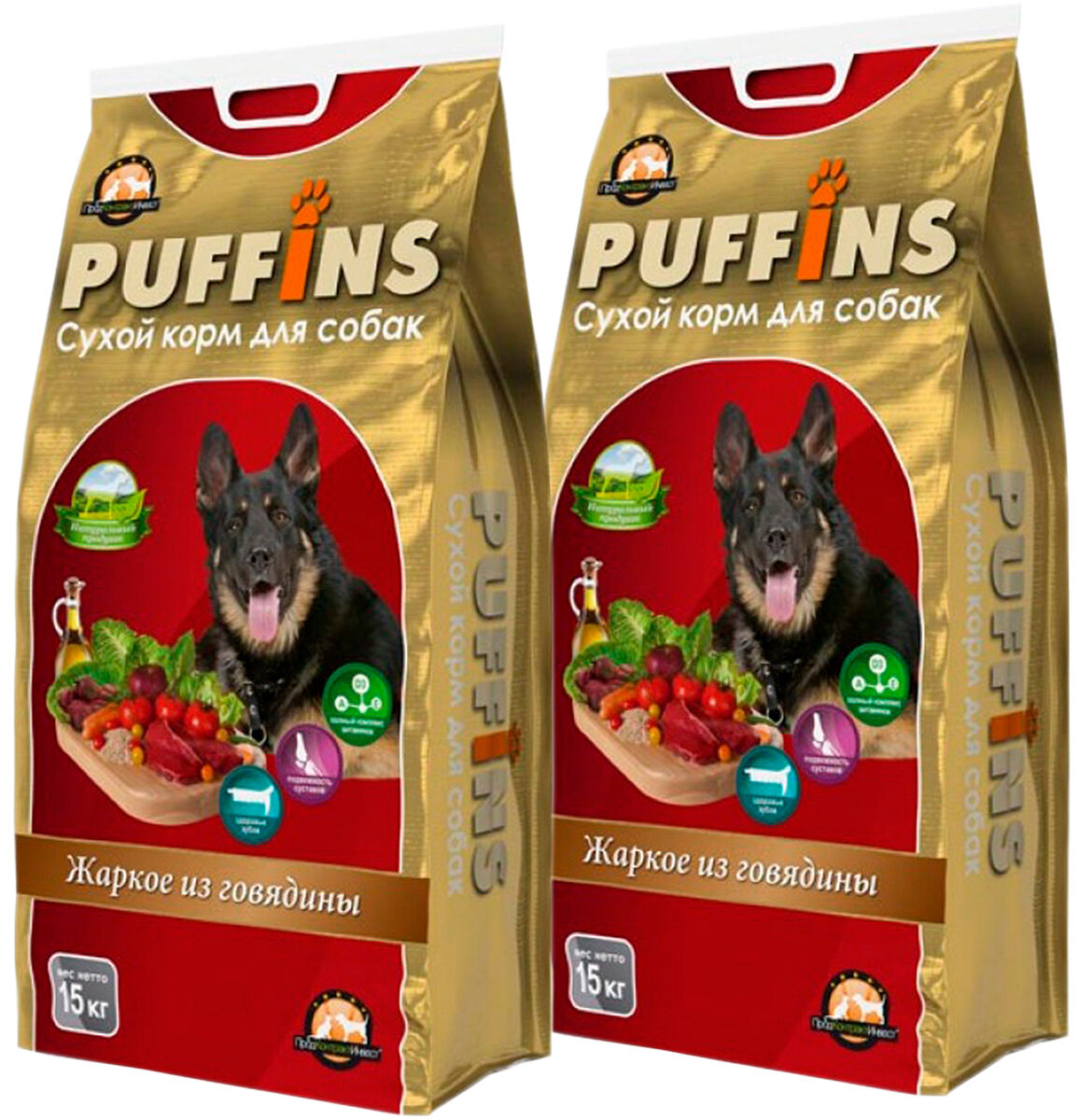 Сухой корм PUFFINS для взрослых собак с жаркое из говядины (15 + 15 кг)