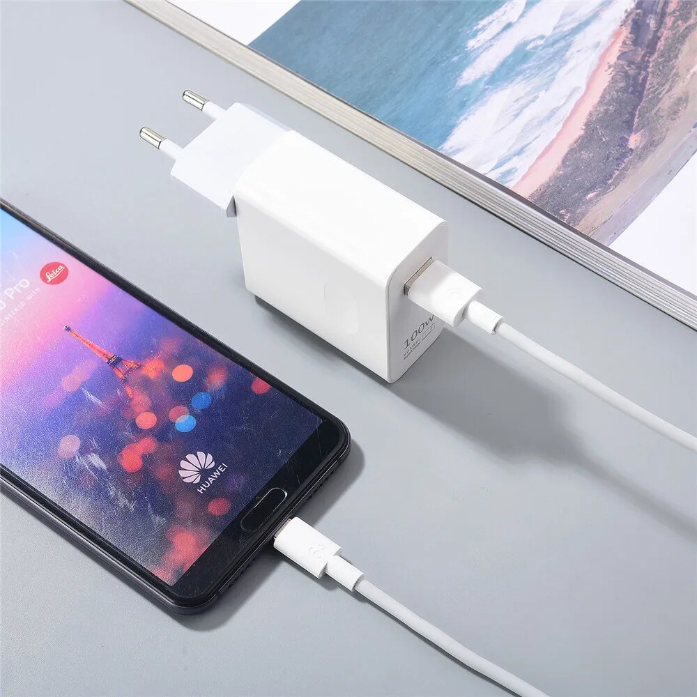 Оригинальное универсальное зарядное устройство Huawei 100 Вт, USB-порт кондиционера, адаптер SuperCharge 6A 1/2M, кабель типа C для Pura 70 Pro Ultra Mate 60 X5 X3 EU add 2M Cable