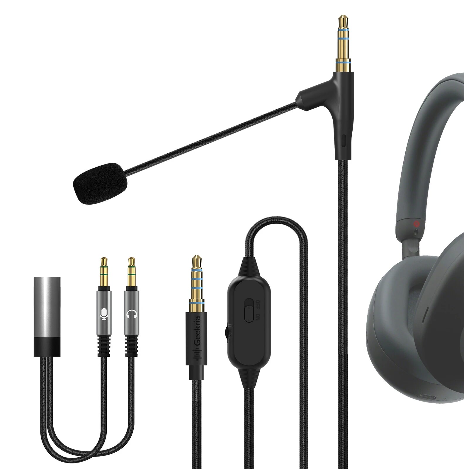 Кабель Geekria Boom Mic для наушников, совместимый с Sony WH-1000XM5 1000XM4 Philips SPH9500 SHP6000, кабель 3,5 мм AUX (1,7 м)
