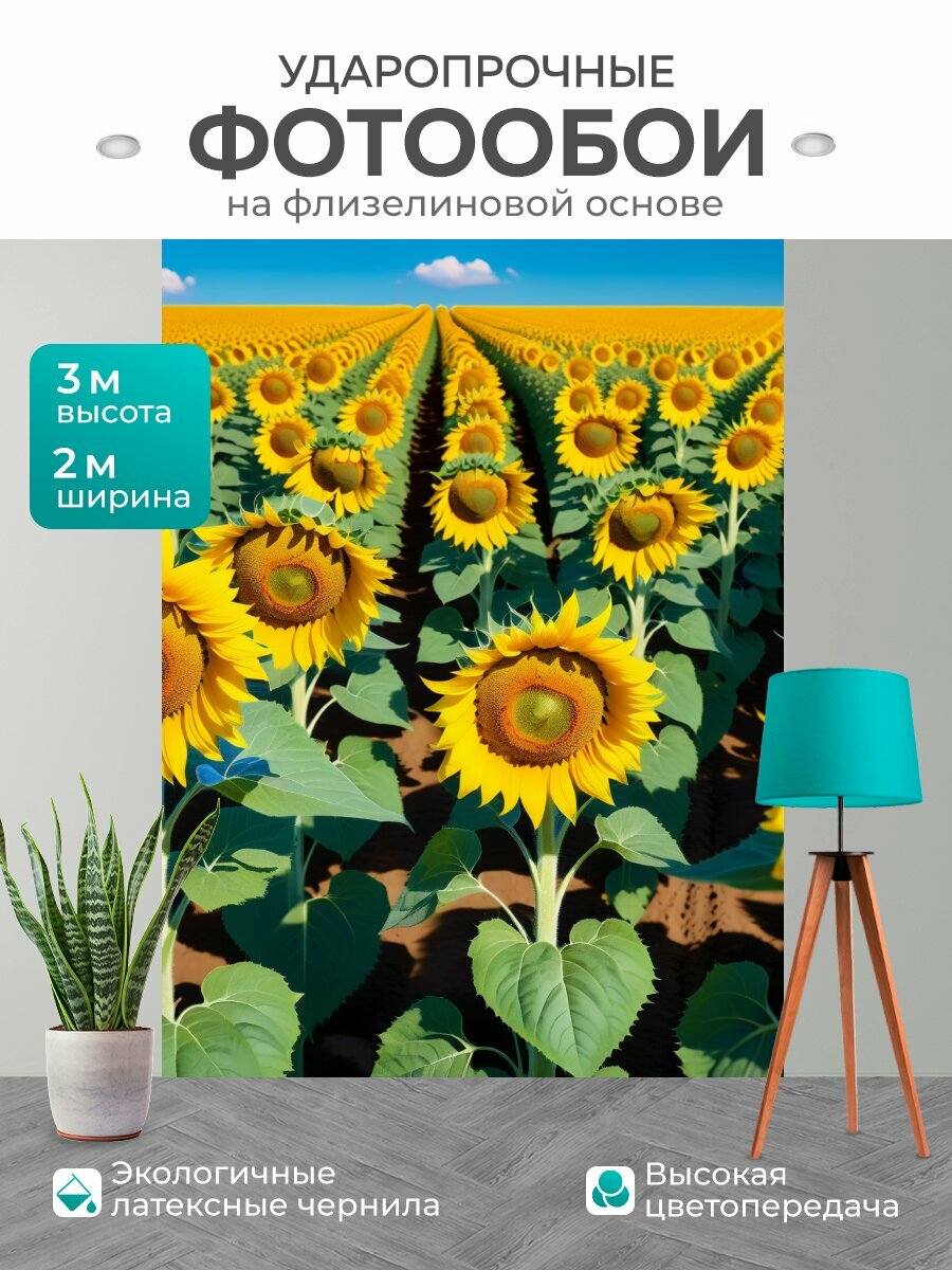 Фотообои моющиеся ударопрочные "Поле подсолнухов под ярким небом" 200x300 см. флизелиновые на стену