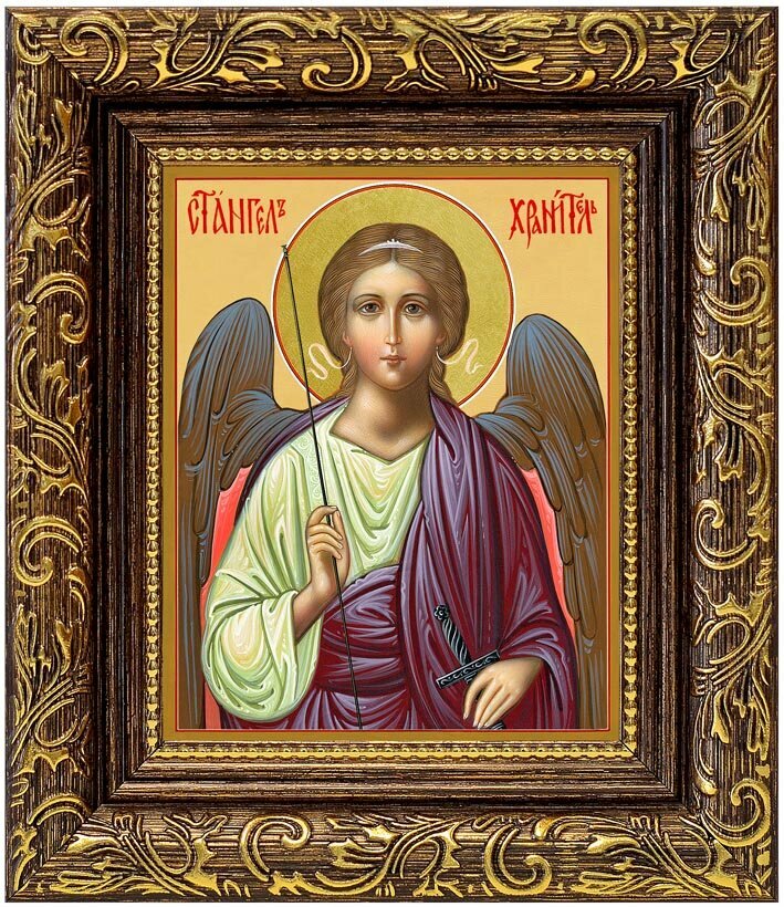 Ангел Хранитель (лик № 261), икона в широкой темной пластиковой рамке 14,5*16,5 см