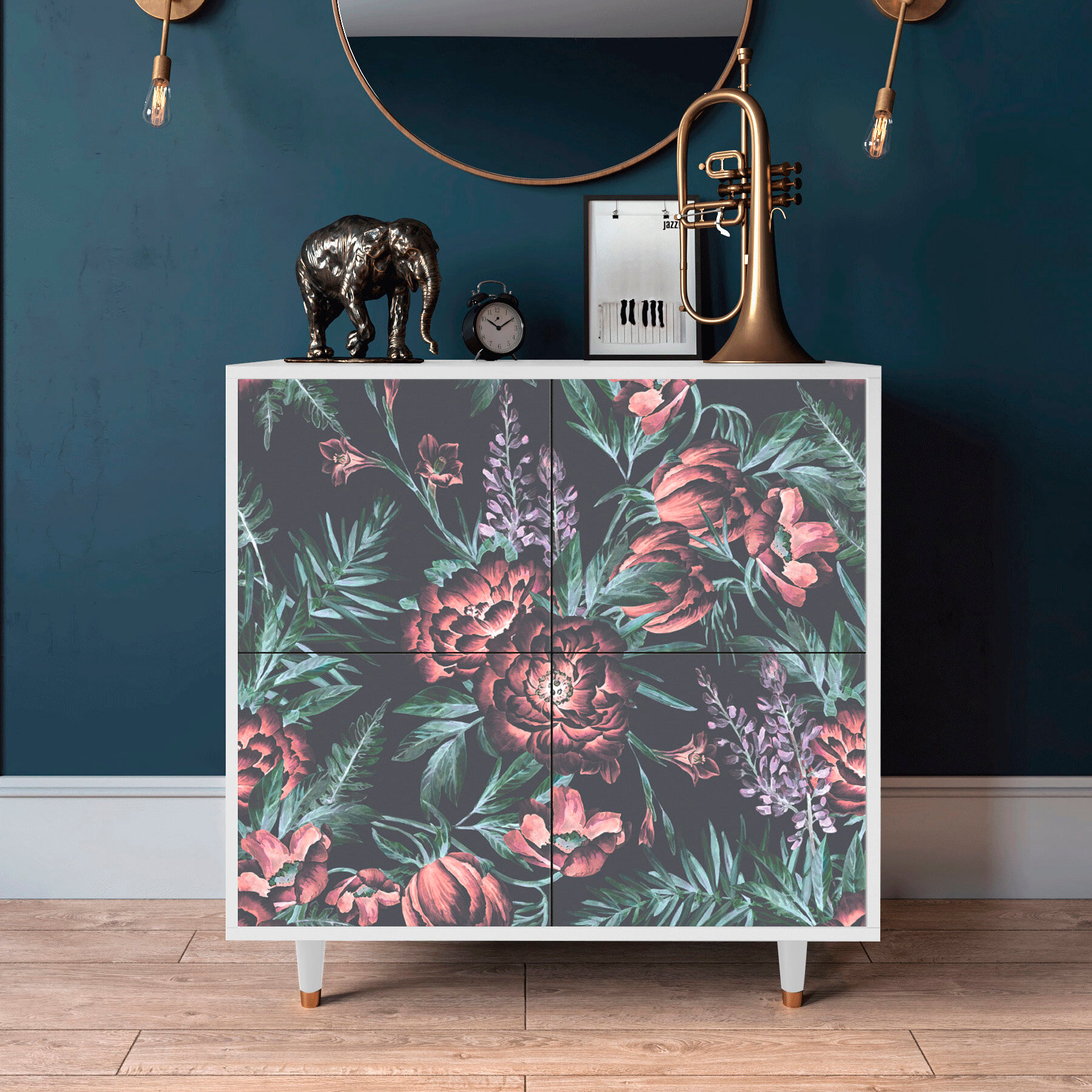 Комод - STORYZ - BS3 Dark Peonies, Размер - 94 x 96 x 48 см, Цвет корпуса - Белый