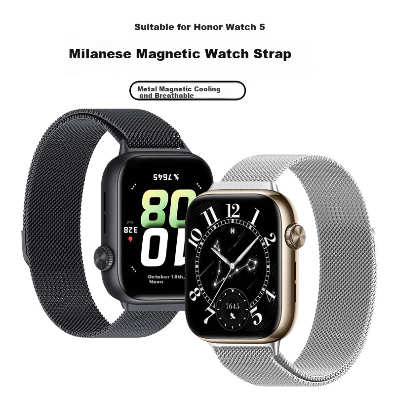 CangHua Milanese Metal Mesh Magnetic Buckle Replacement Watch Strap for Honor Watch 5 - Black