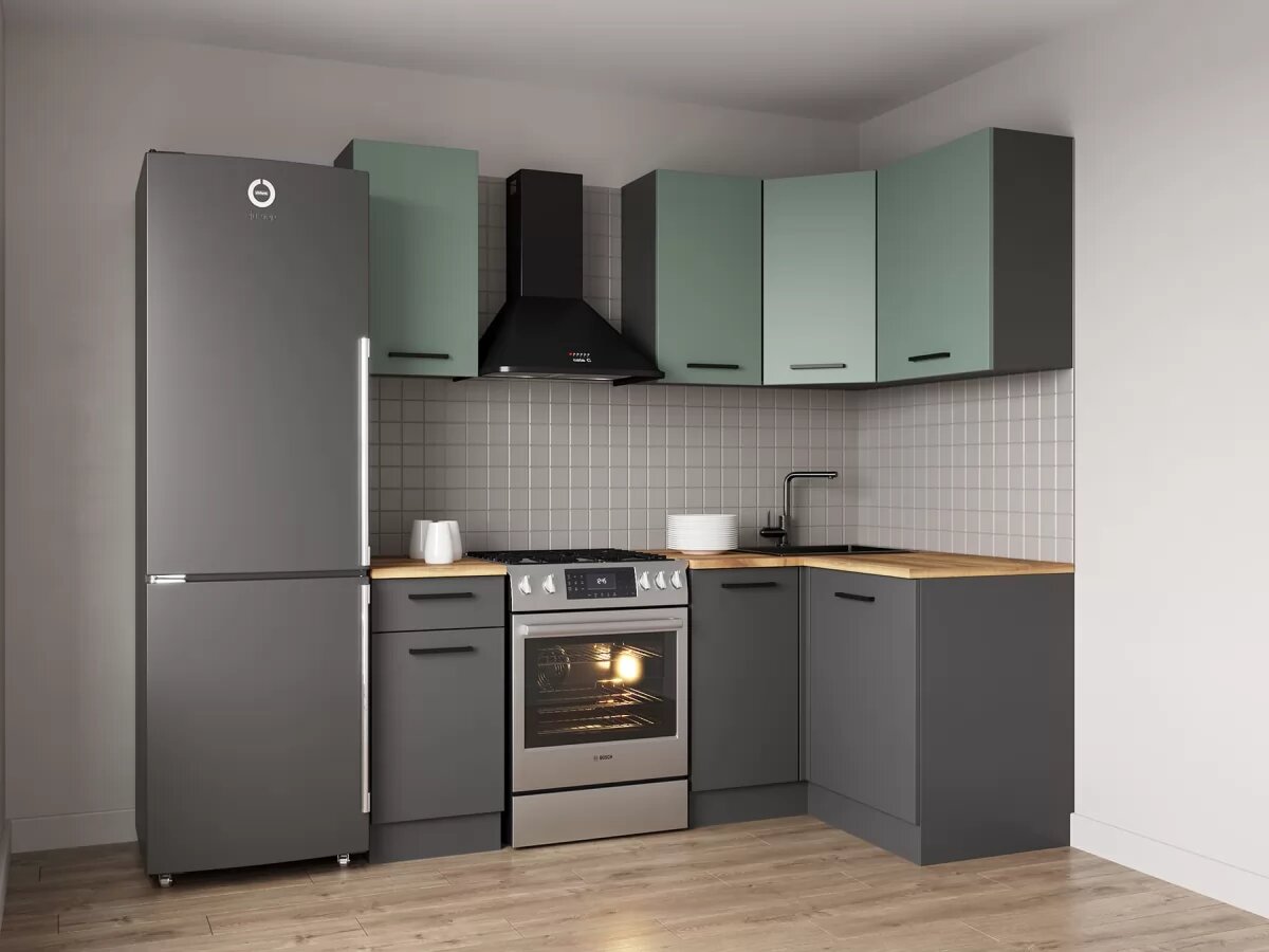 Кухонный гарнитур Sanvut угловой Изумруд 2000х1200 столешница 38 мм, каркас ЛДСП, фасад ЛДСП, Антрацит/Фисташка