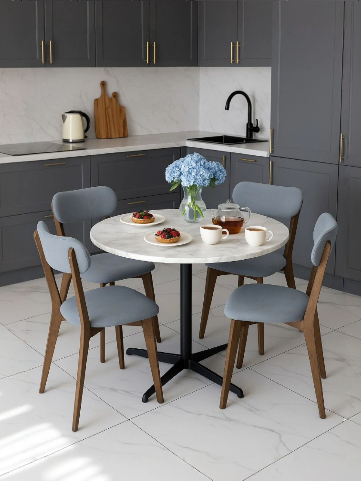 Стулья для кухни SANYAK комплект 4 шт деревянные мягкие со спинкой для обеденной зоны, велюр, Серый