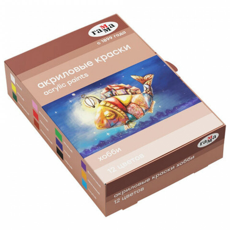 Краски акриловые декоративные гамма "Хобби", 12 цветов по 20 мл, в баночках, 3012198