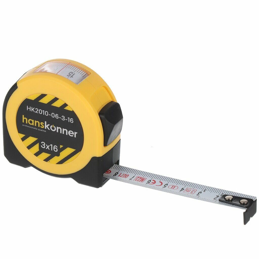 Рулетка 3 м, пластик, металл, 16 мм, с окном, Hanskonner, HK2010-06-3-16