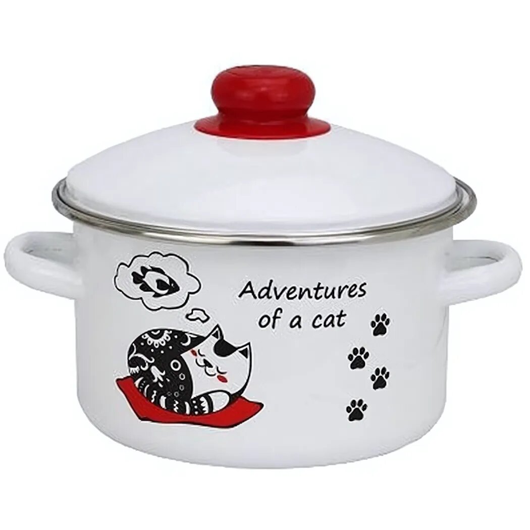 Кастрюля эмалированная 2л 'Adventures of a cat', с рисунком кота, белая/красная