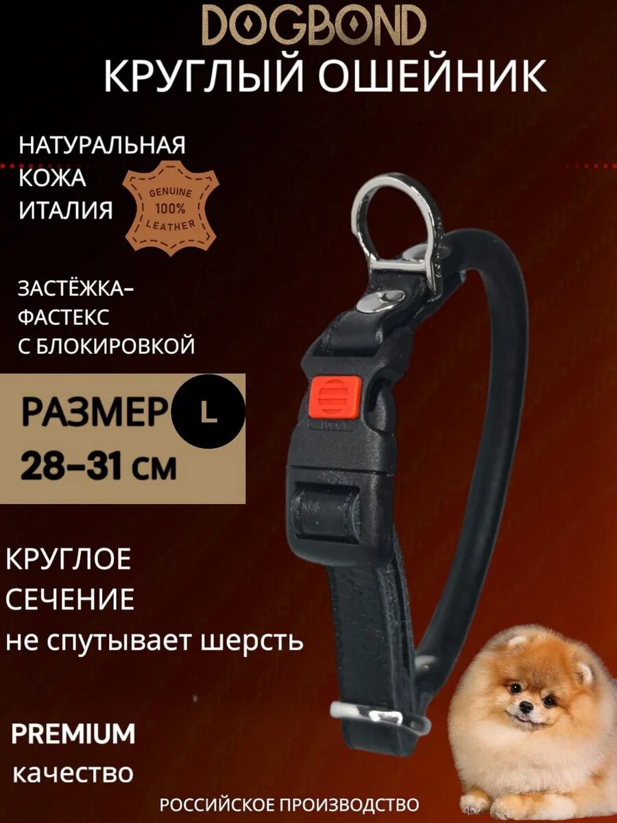 Dogbond Ошейник для шпица круглый кожаный 28-31 см