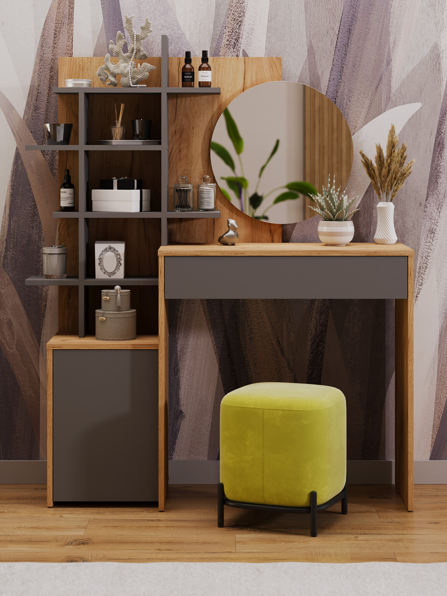 Туалетный столик с зеркалом, трюмо, Голден Тип 1, Дуб крафт золотой/Графит серый