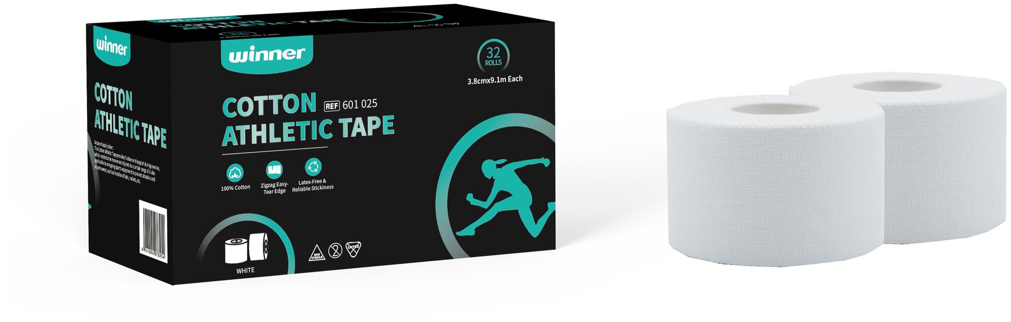 Спортивный жесткий тейп Winner "атлетик" 3,8см x 9,1м, белый (32 рулона)