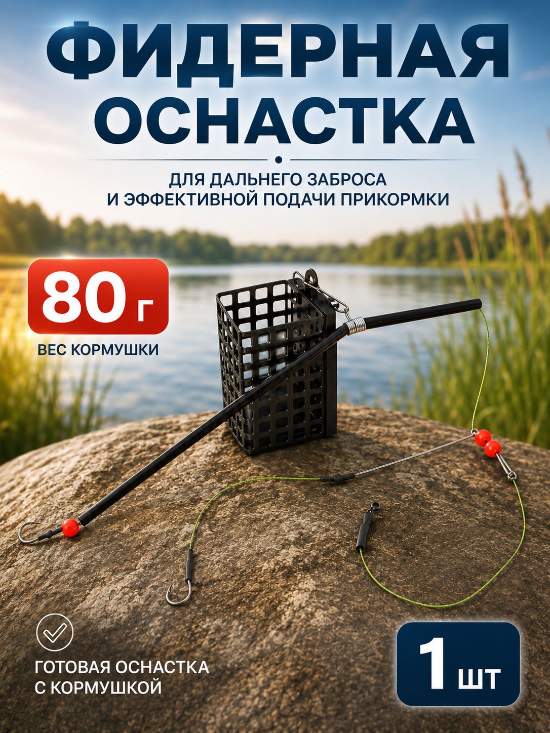 Готовая фидерная оснастка с металлической кормушкой-клеткой, коромыслом и 2 крючками, 80 г, 1 шт.