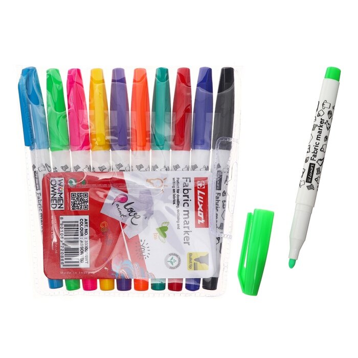 Набор маркеров для ткани Luxor "Fabric" пулевидный 1-2 мм 10 цветов, ПВХ, европодвес (33300/10 WT)