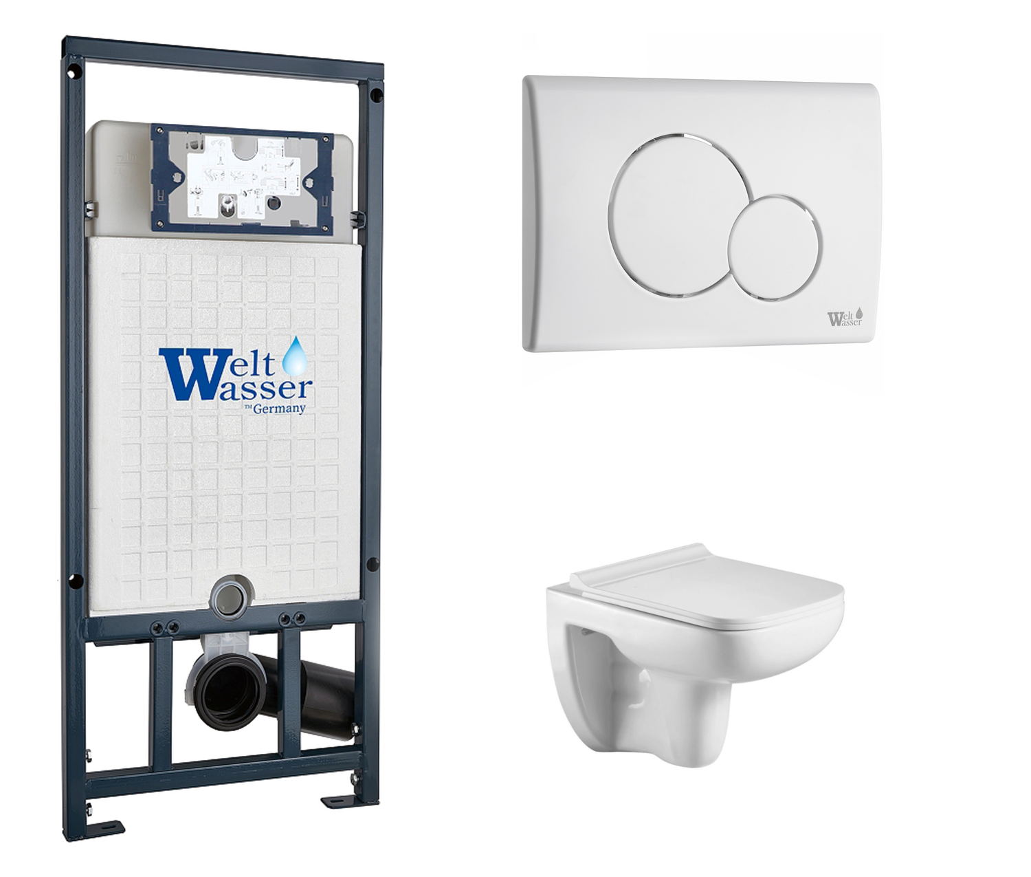 Комплект 3 в 1 инсталляция WeltWasser WW Marberg 507 + Подвесной унитаз WeltWasser Kehlbach 004 GL-WT с кнопкой белой RD 10000005949 + 10000003810 + 10000010236