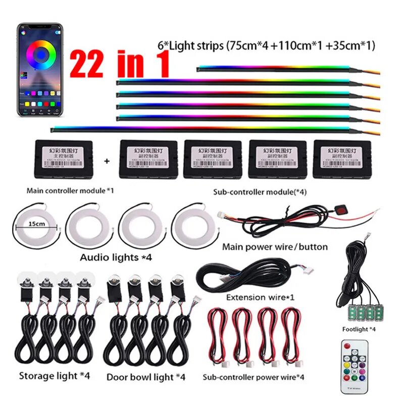 18 / 22 в 1 Streamer Car Ambient Lights RGB 213 64 Цветная светодиодная внутренняя 22 in 1 Symphony