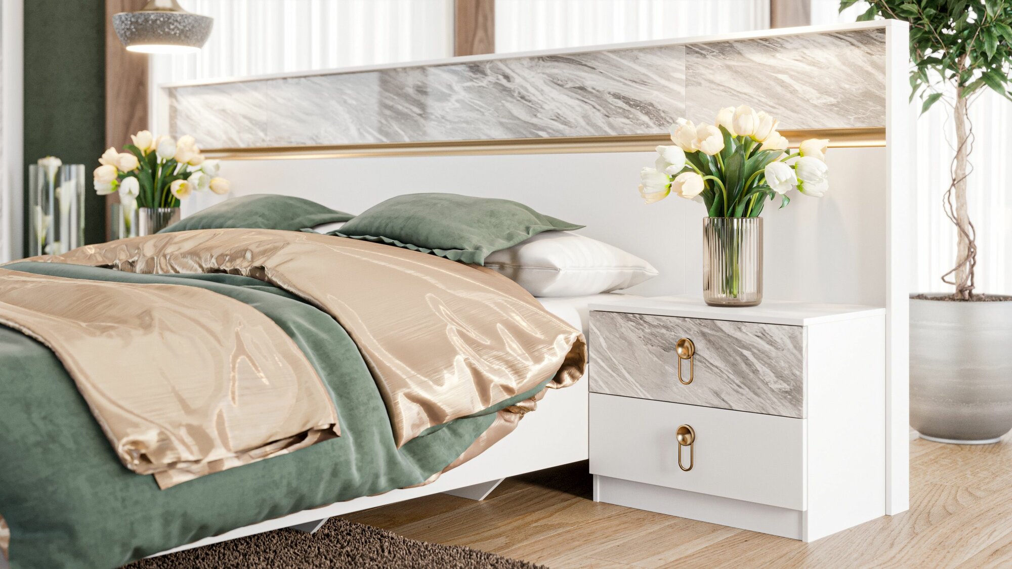 Тумба прикроватная напольная Алмаз, Аравия-Айла, Белый/Статуарио глянец