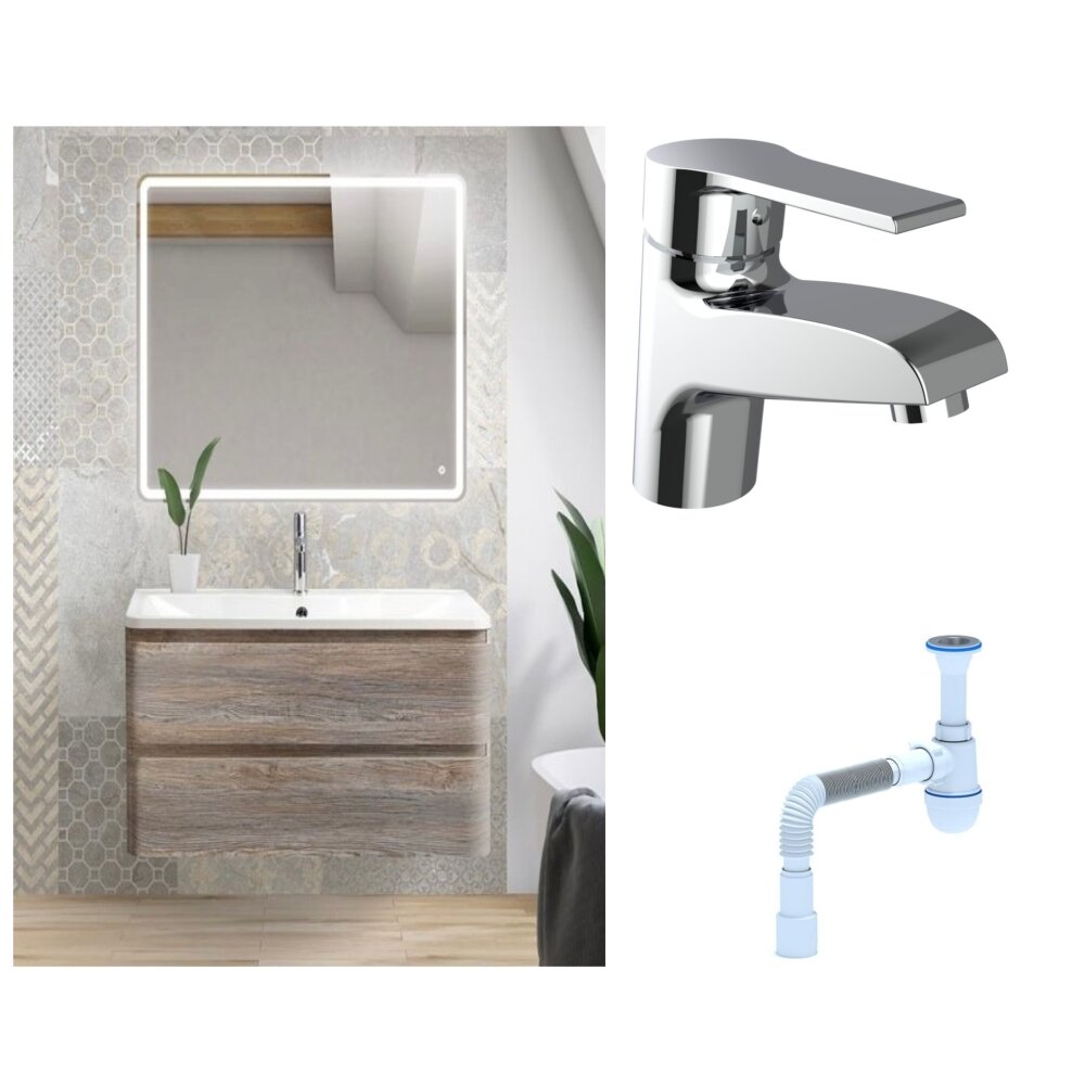 Комплект: Мебель для ванной BelBagno Albano 80 pino scania + Смеситель Agger Right A2902100 для раковины однорычажный, хром + Сифон АниПласт 139666 + A2902100 + C2015xrv