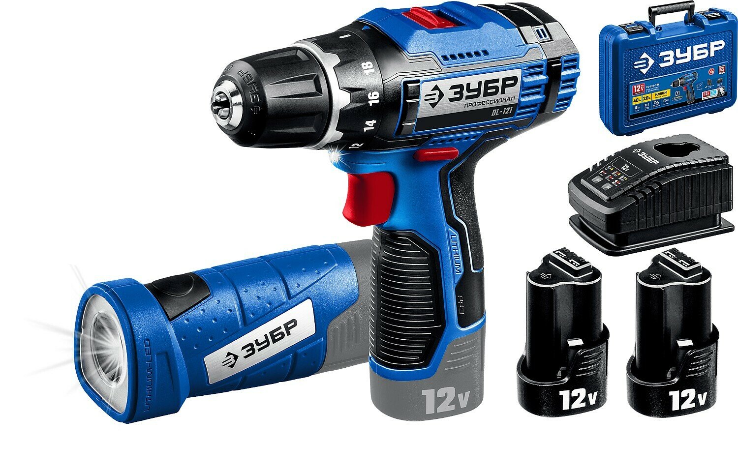 ЗУБР 12В + LED фонарь, 2 АКБ (2Ач), в кейсе, дрель-шуруповерт, Профессионал. DL-121-22F Профессионал