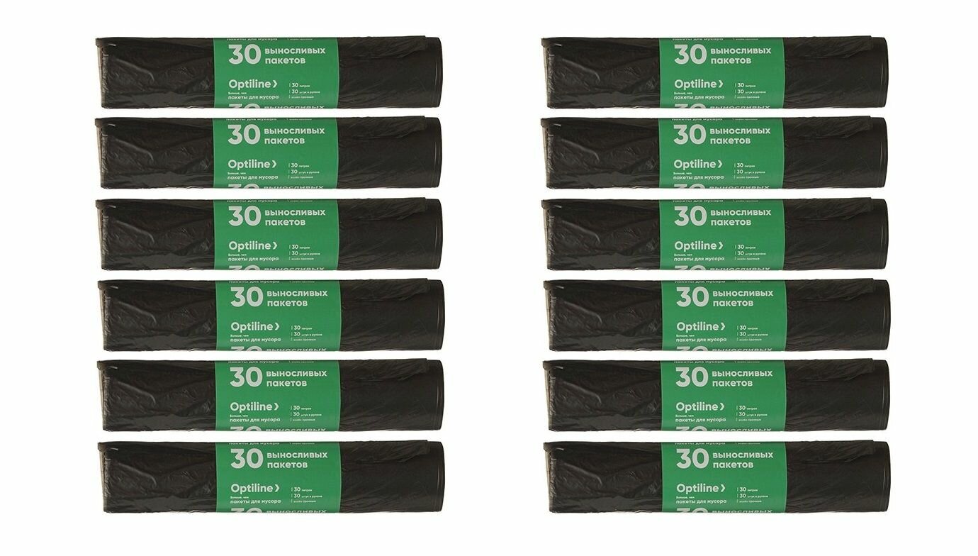 OPTILINE Премиум Мешки для мусора, 30 л, 50х60 см, 10,5 мкм, черные, 30 шт/уп, 12 уп