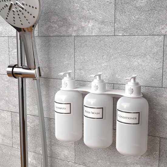 Держатель дозатора Embodiment для жидкого мыла и шампуней, на три флакона, настенный, белый