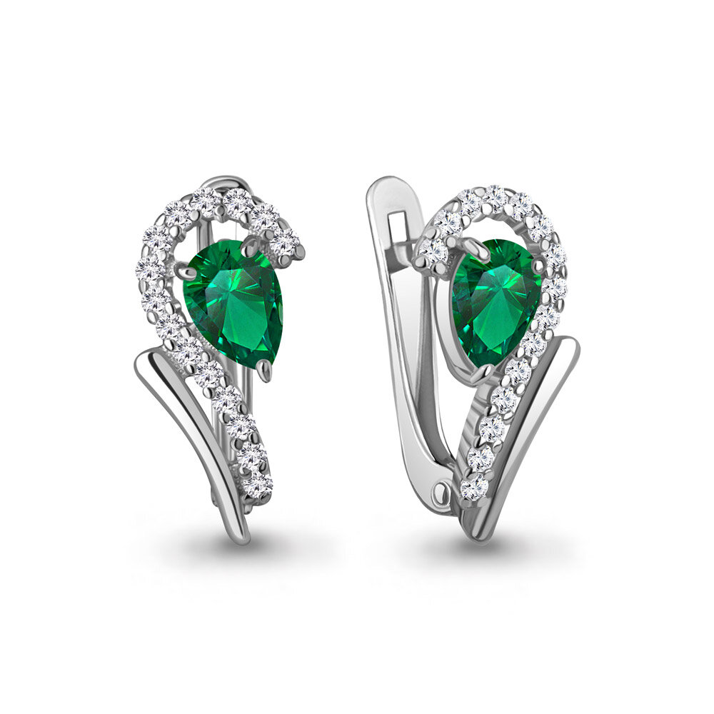 Серьги, серебро, 925 проба, родирование, изумруд синтетический, фианит
