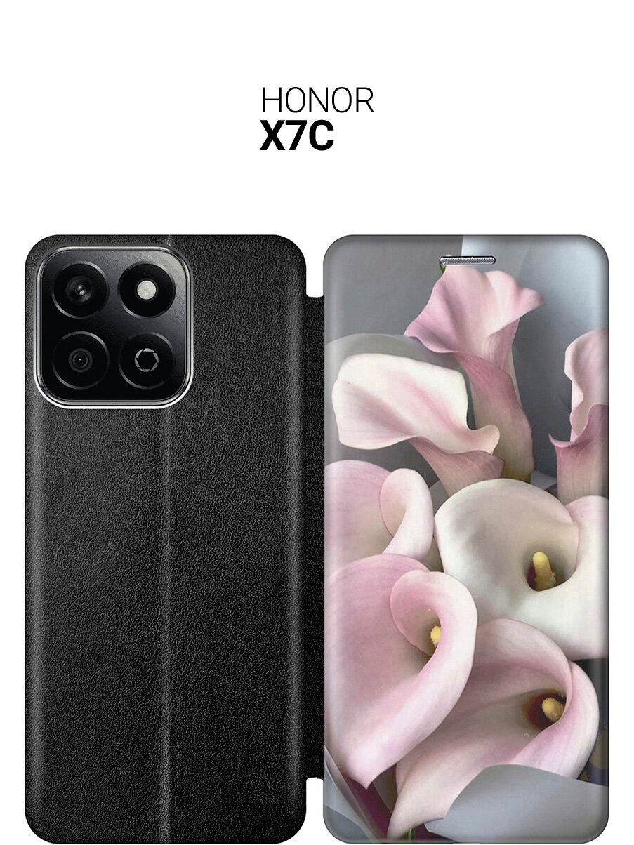 Чехол-книжка на Honor X7C с принтом "Розовые каллы" черный