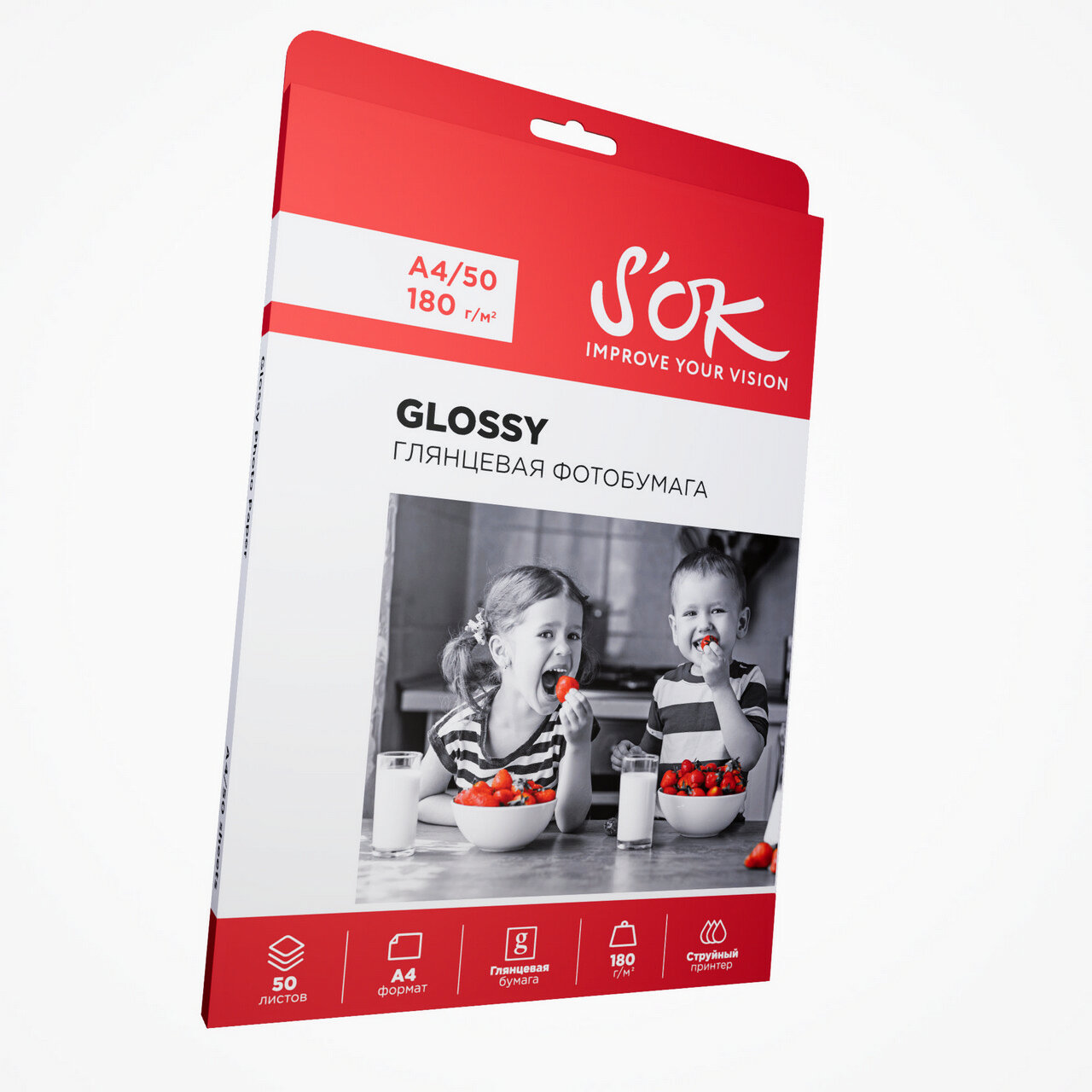 Набор фотобумаги S'OK глянцевая, формат А4, плотность 180г/м2, 100 листов, в мягкой упаковке