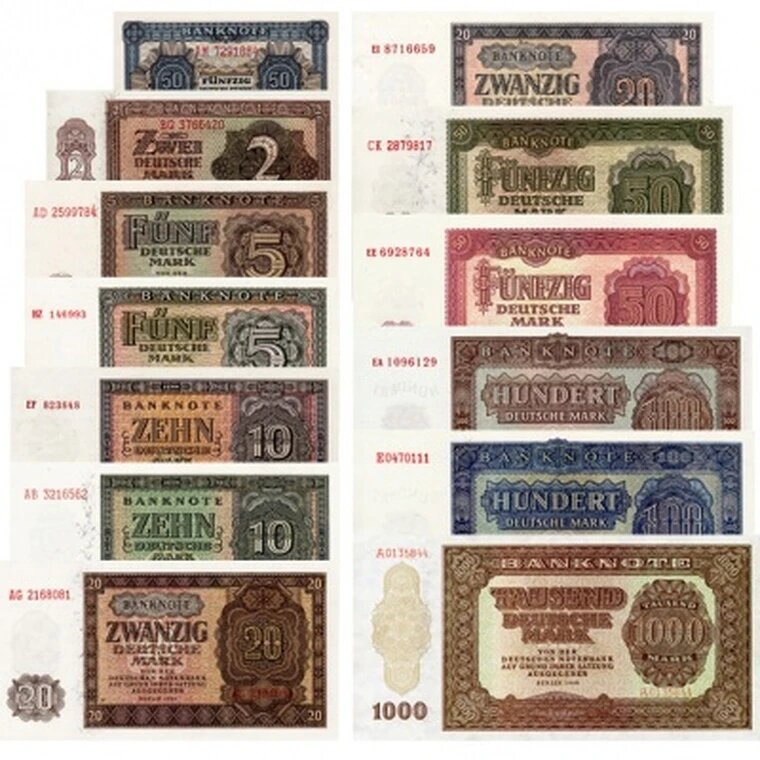 50 пфеннигов-1000 марок 1948-55 ГДР, набор 13 копий сувенирная копия, банкноты и купюры редкие коллекционные