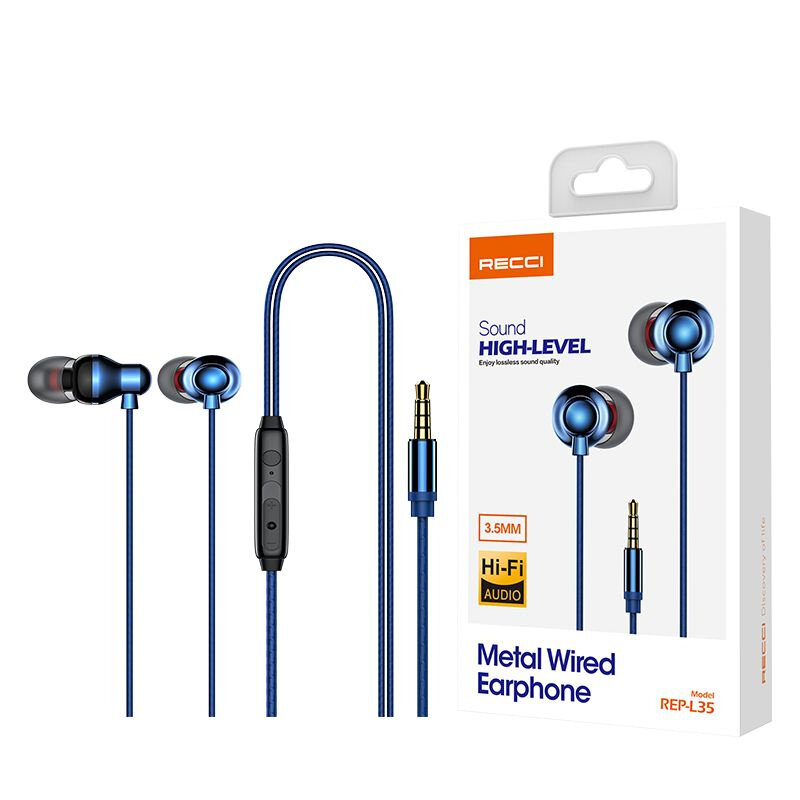 Наушники проводные Recci REP-L35 Metal Wired Earphone mini Jack 3.5 mm, 120 см, Синий